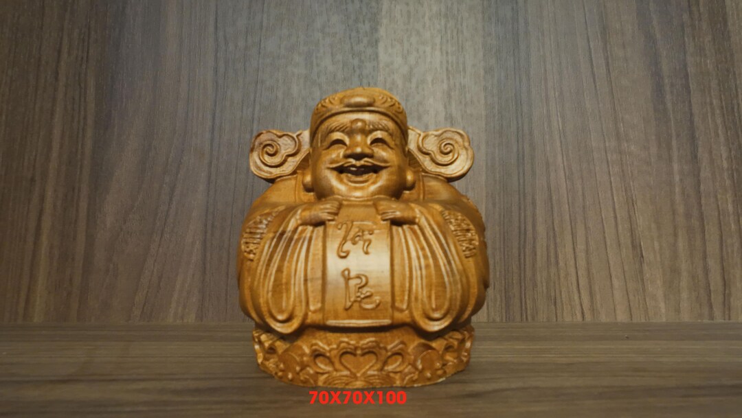 Mini Laughing God of Wealth Statue – Aromatic Cypress Wood, Hand Carved ...