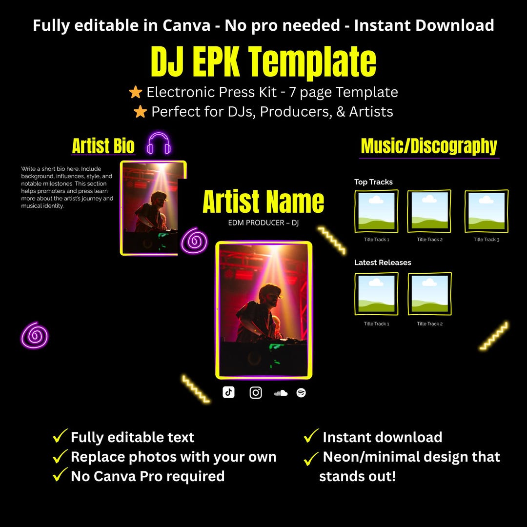 DJ EPK Canva Template - Neon EDM Artist Press Kit for Djs and Producers ...