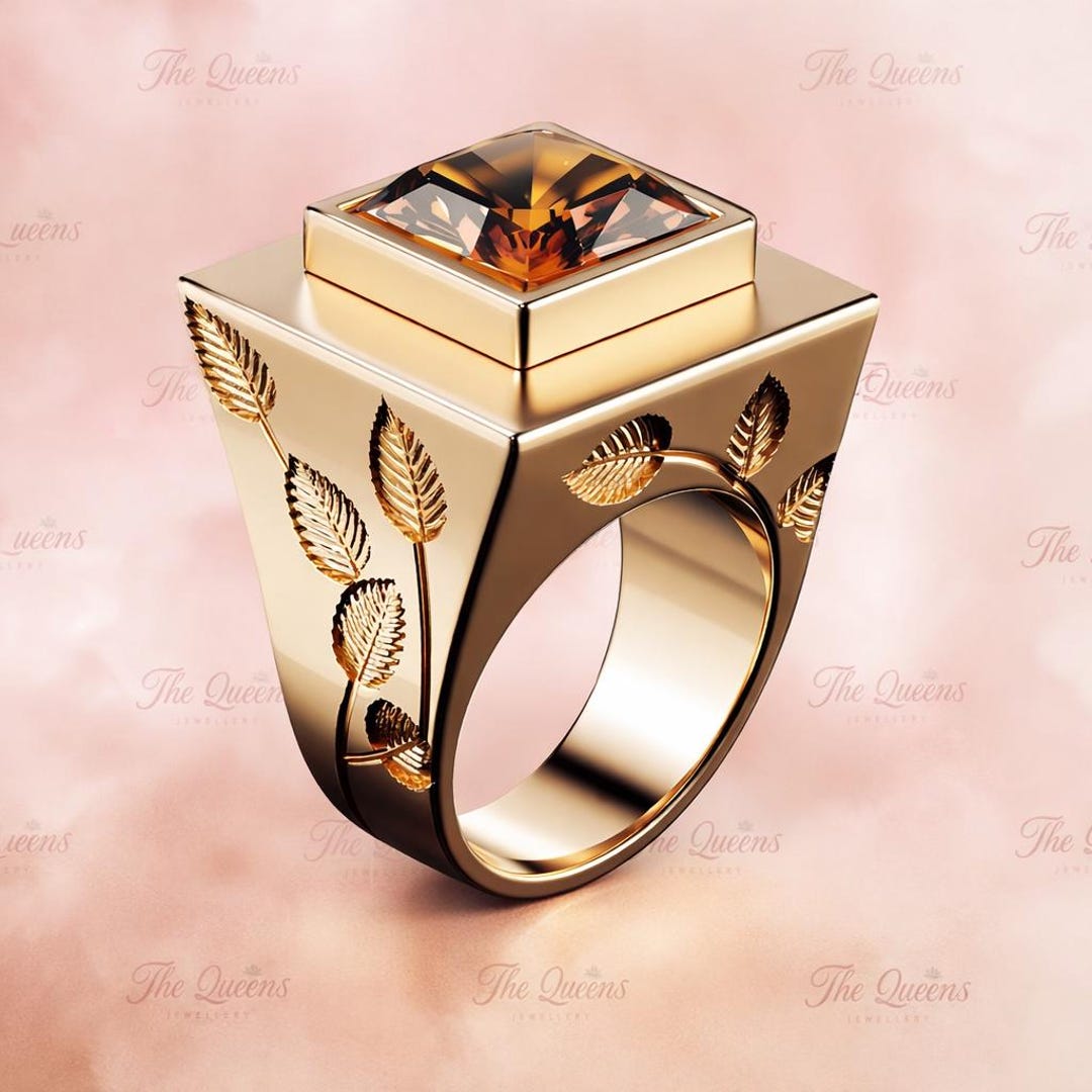 Vintage Gold Signet Ring, Square Citrine Ring, Leaf Engraved Statement ...