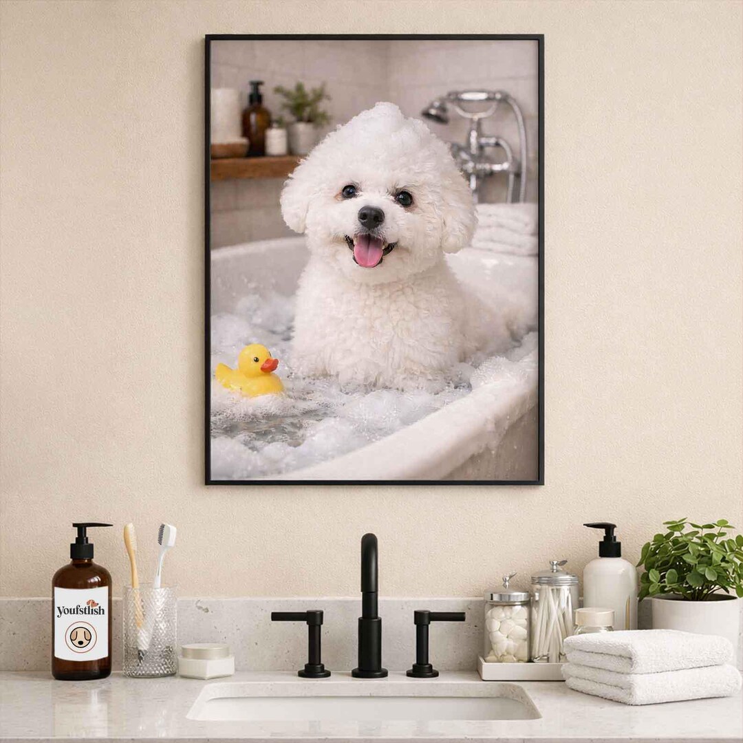Bichon Frisé Bathroom Poster | Funny Dog Wall Art | Dog in Bathtub ...
