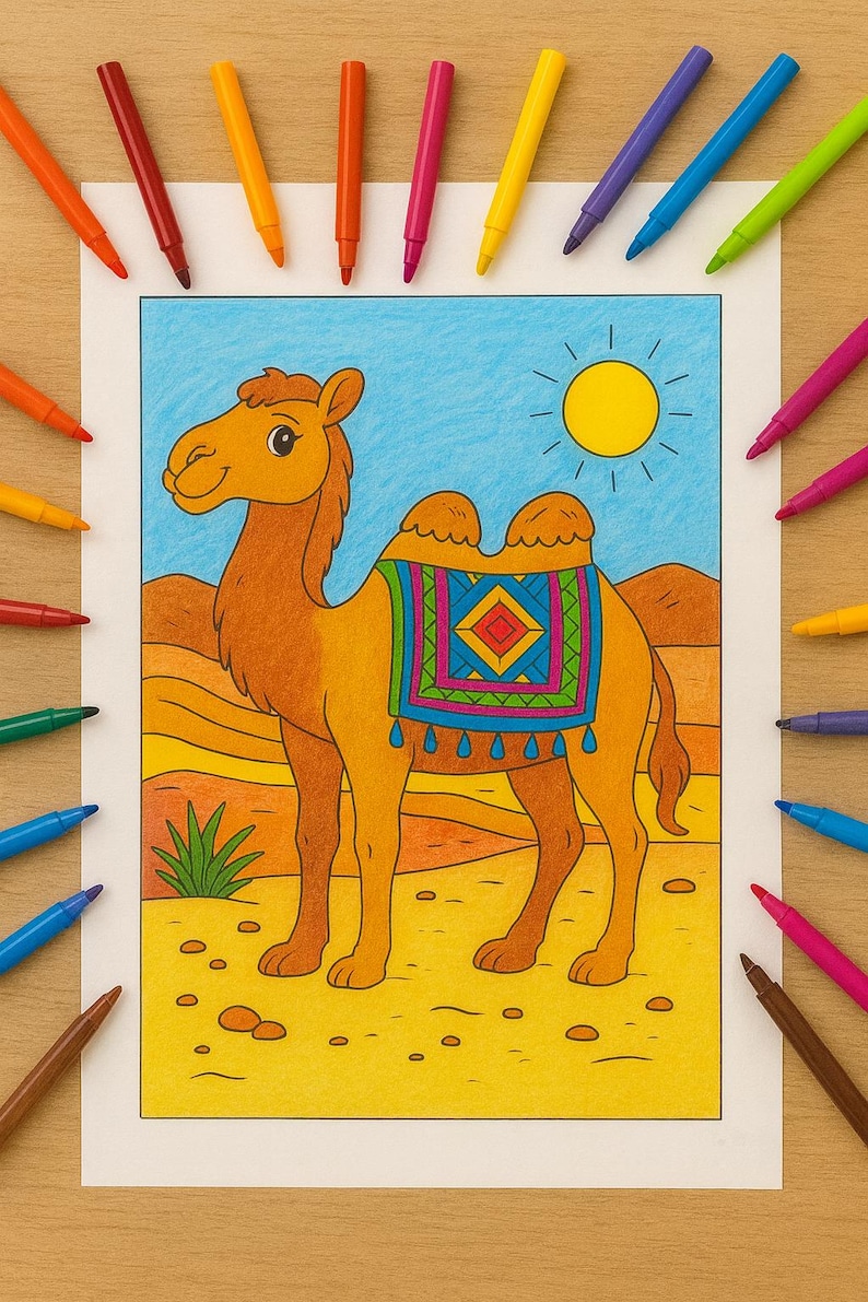 Detailed Camel Coloring Page • Desert Landscape Illustration for Kids ...