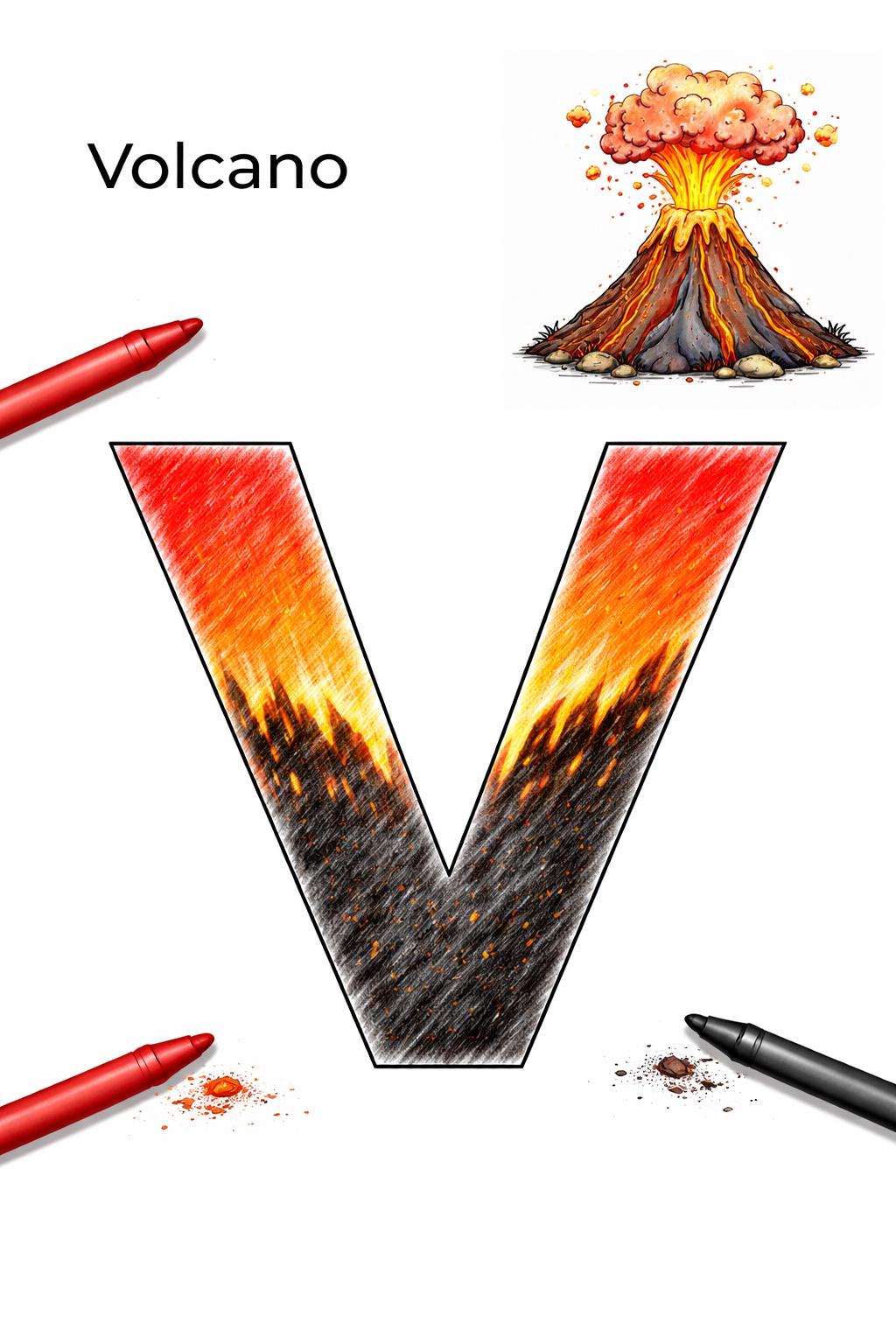 Letter V Coloring Page – Volcano | the Little Da Vinci Alphabet - Etsy