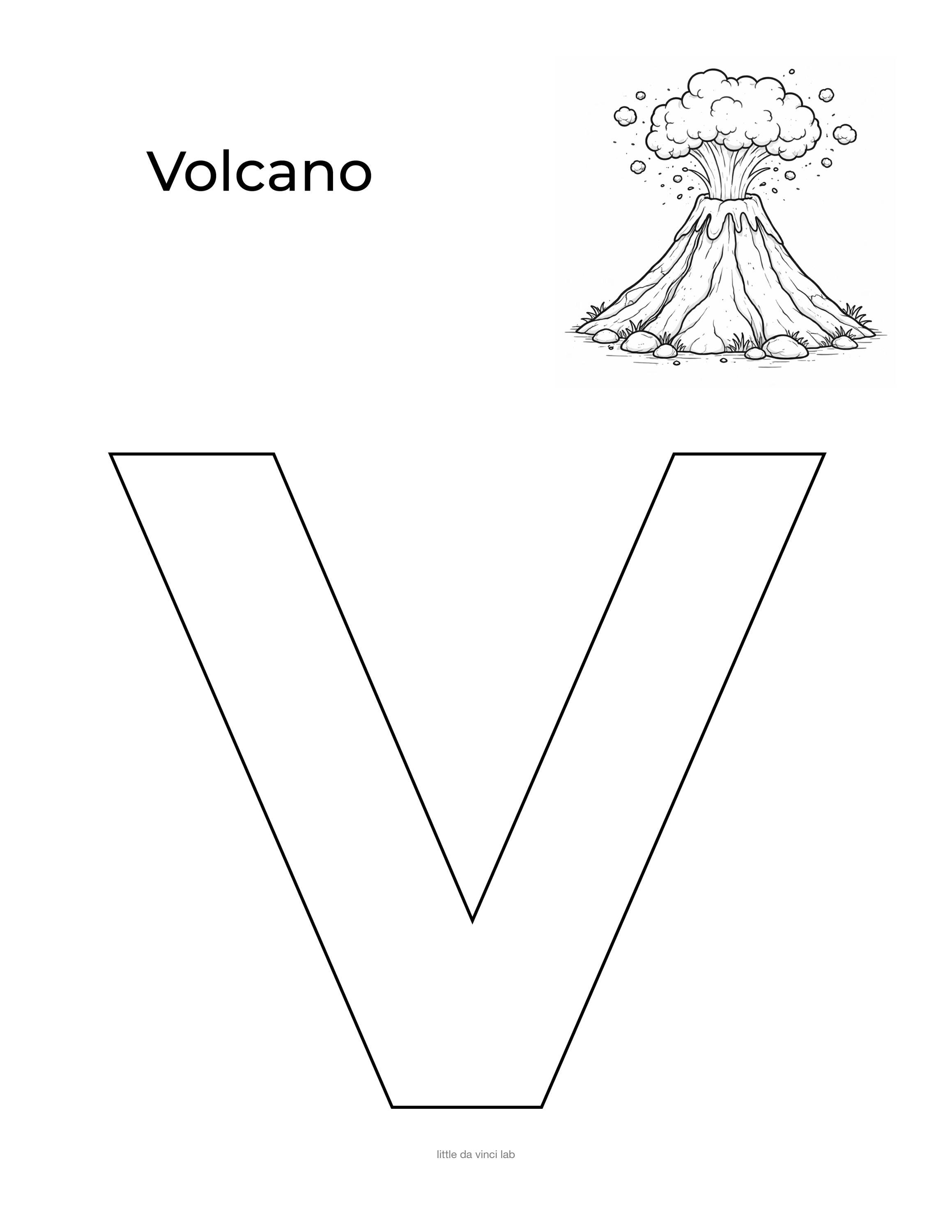 Letter V Coloring Page – Volcano | the Little Da Vinci Alphabet - Etsy