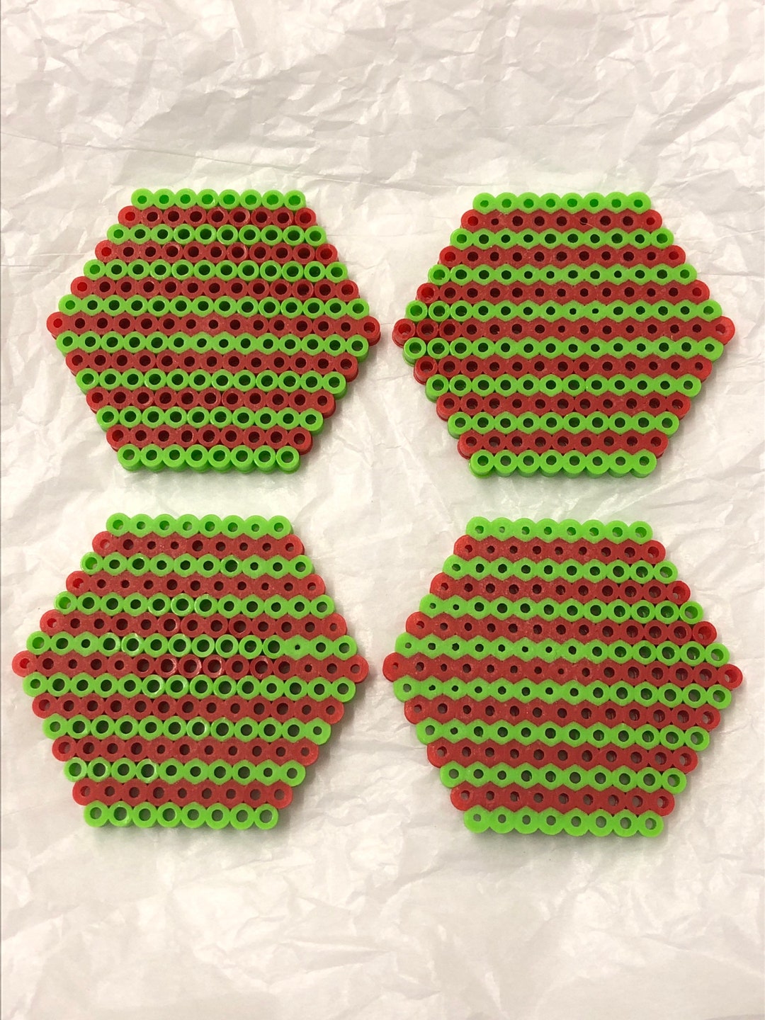 Set of 4 Perler Bead Coaster. Grinch Stripe, Red/white, Red/black,black ...