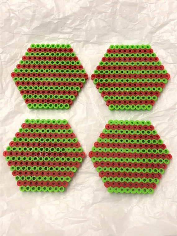 Set of 4 Perler Bead Coaster. Grinch Stripe Red/white - Etsy
