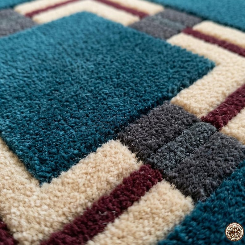 Buy Modern Geometric Hand Tufted Rug, Teal Blue Square Pattern Area Rug ...