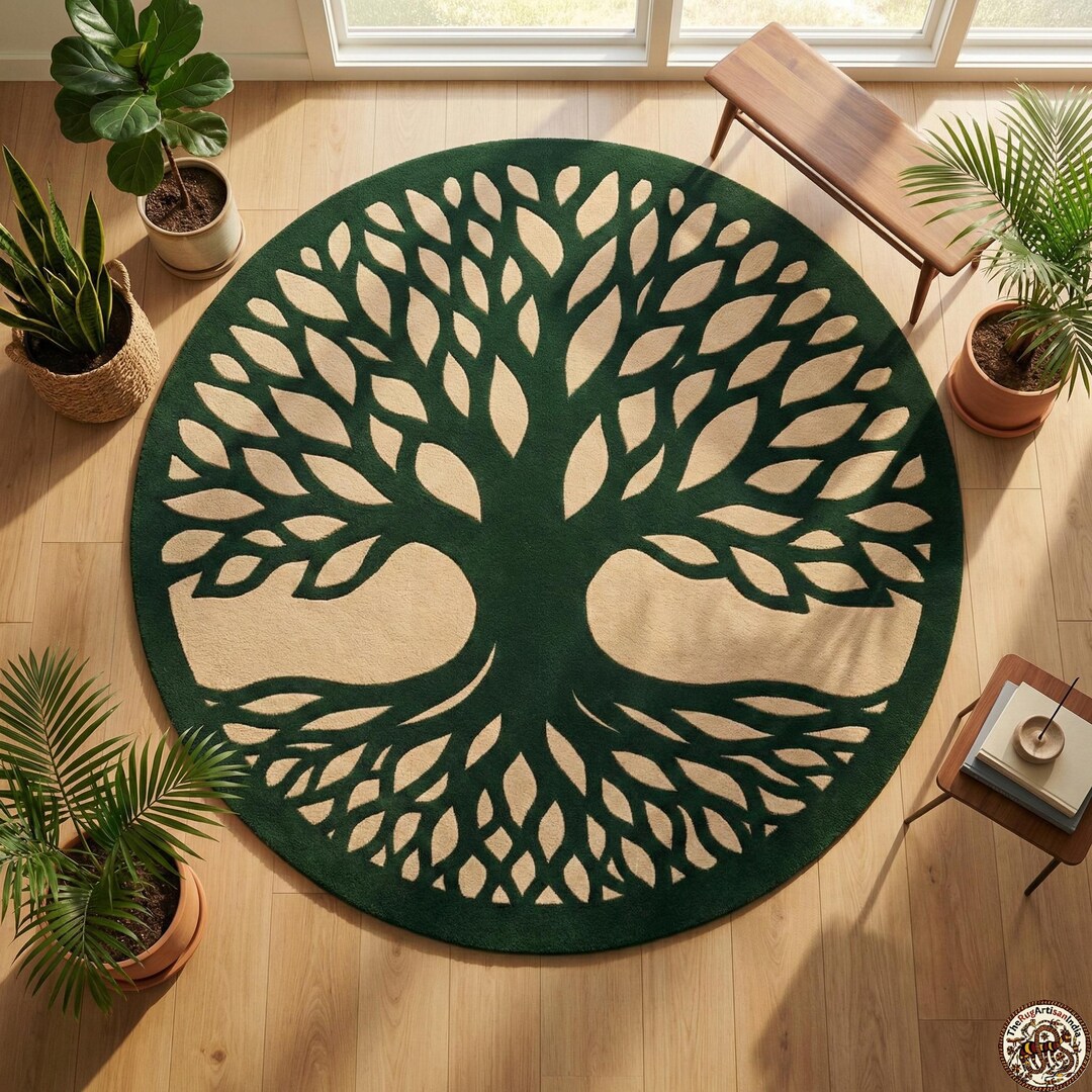 Hand Tufted Wool Rug | Dark Green Tree of Life, Round Area Carpet - Etsy