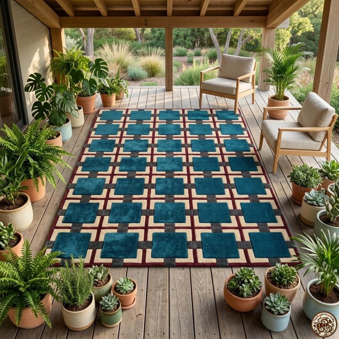 Buy Modern Geometric Hand Tufted Rug, Teal Blue Square Pattern Area Rug ...