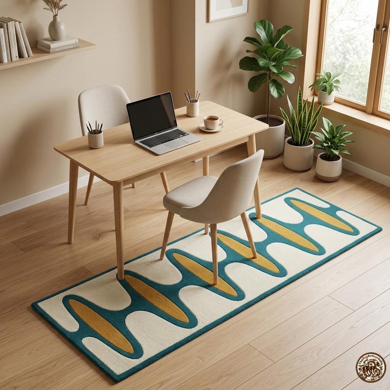 Mid Century Modern Tufted Runner Rug, Teal Mustard Geometric Rug ...