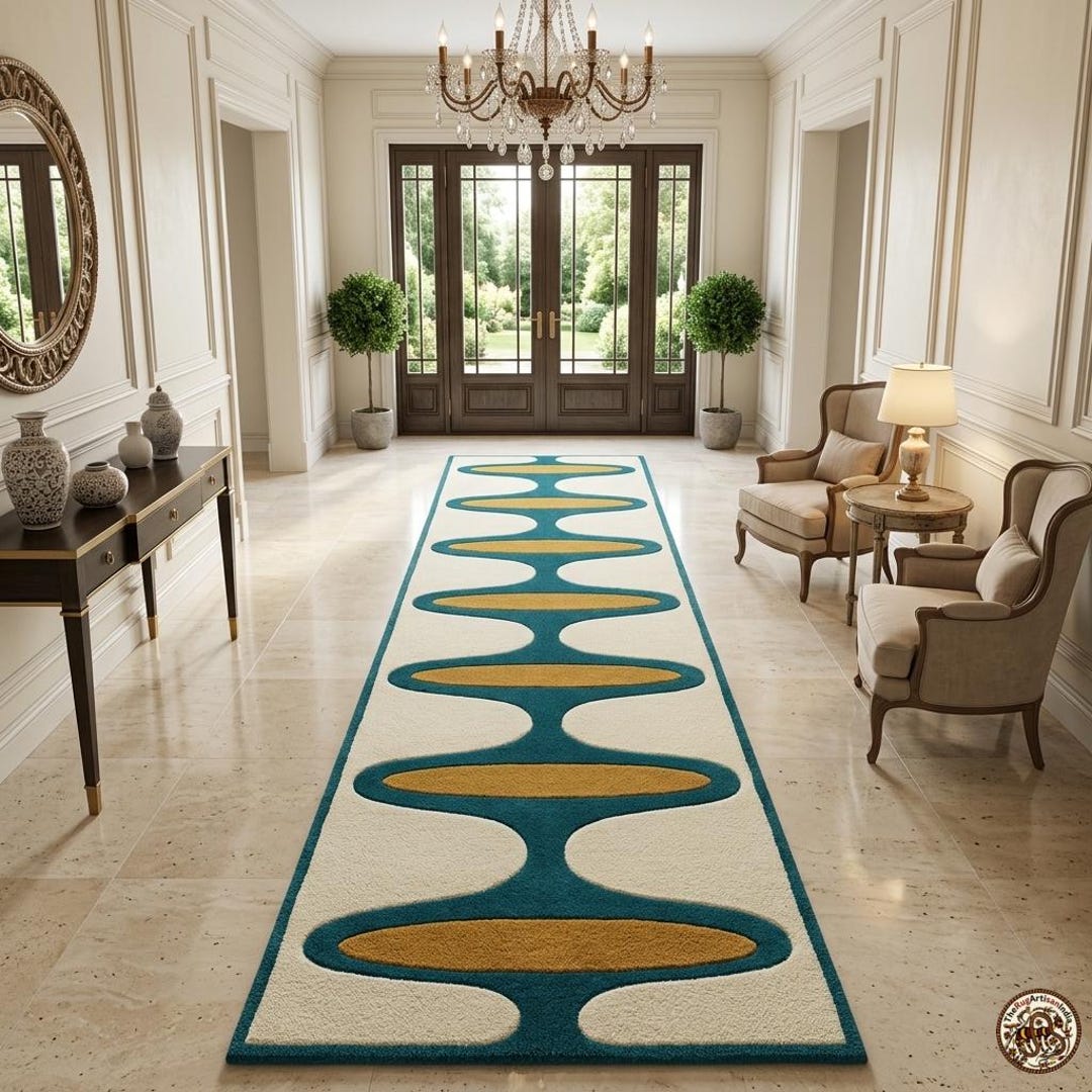 Mid Century Modern Tufted Runner Rug, Teal Mustard Geometric Rug ...