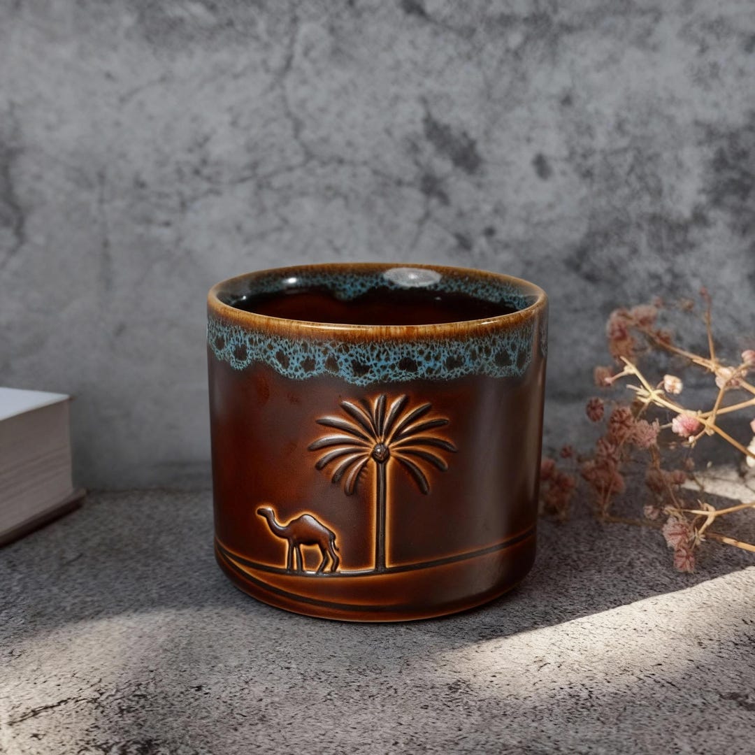 Handmade Ceramic Mug With Palm Tree Design & Blue Glaze, Rustic Coffee ...