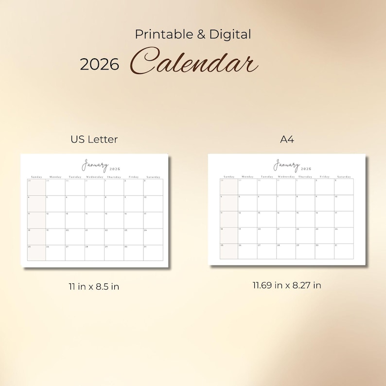 2026 Minimalist Calendar – Printable Monthly Planner (PDF, Letter/a4 ...