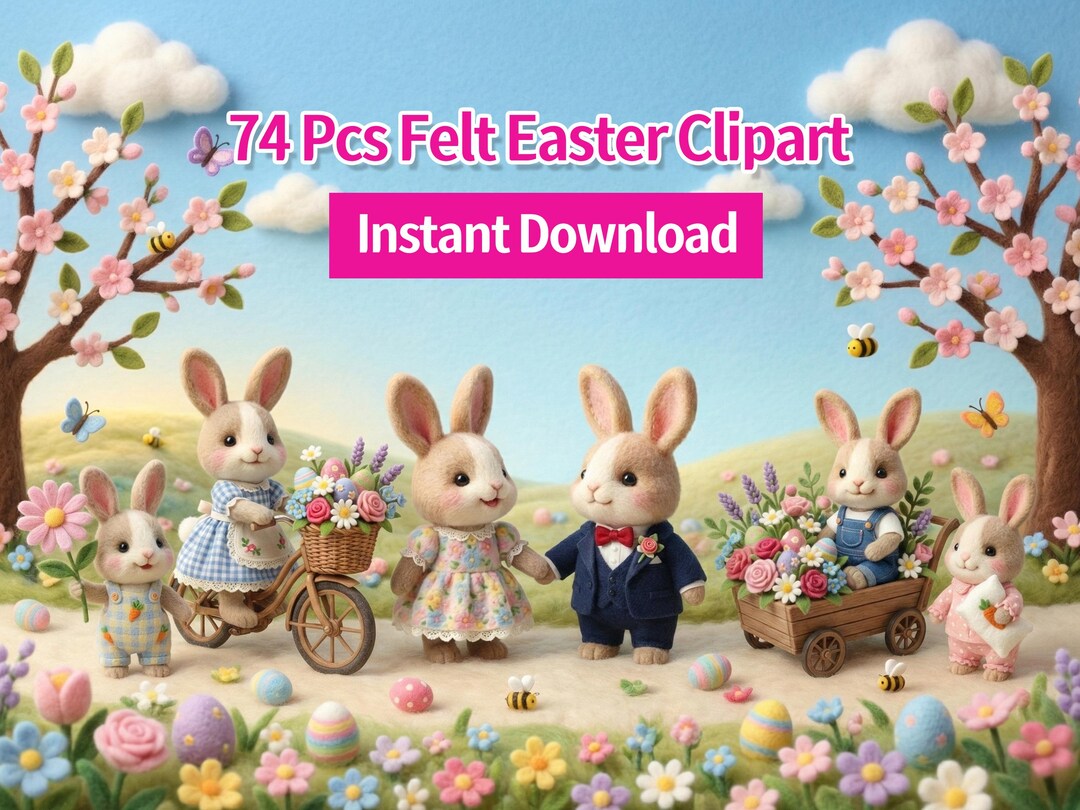 Felt Easter Clipart Bundle, Wool Bunny, Eggs (digital Graphics ...