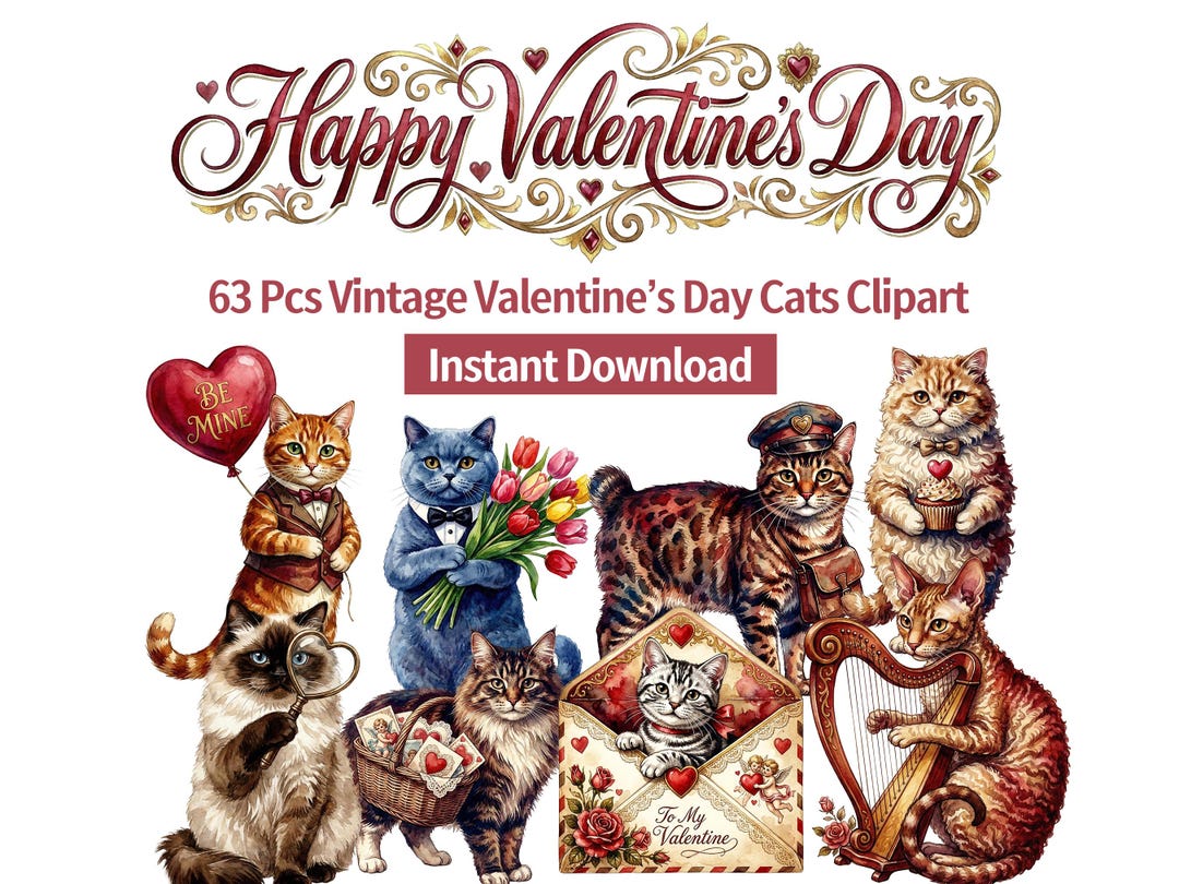 Vintage Valentine Cats Clipart - 63 Victorian Cat Illustrations ...
