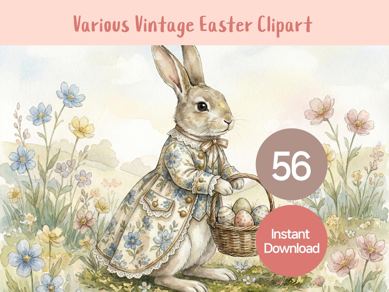 Vintage Easter Bunny Clipart Bundle, Watercolor Spring Flowers (PNG ...