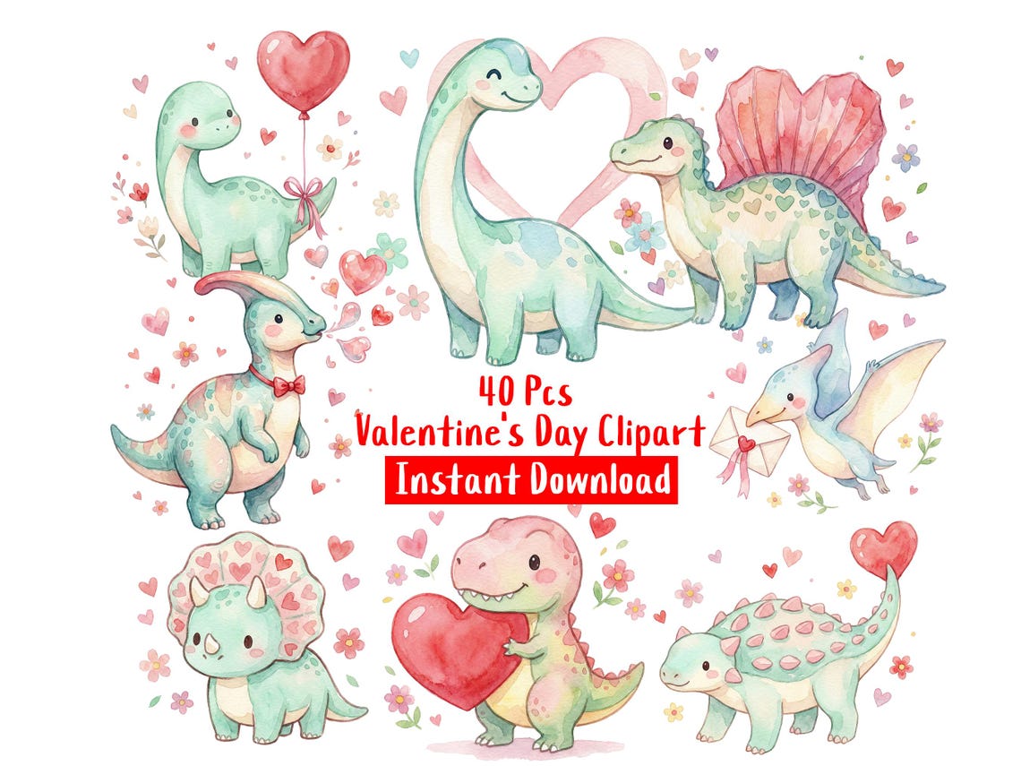 Watercolor Valentine Dinosaur Clipart – 40 PNG Graphics (digital ...