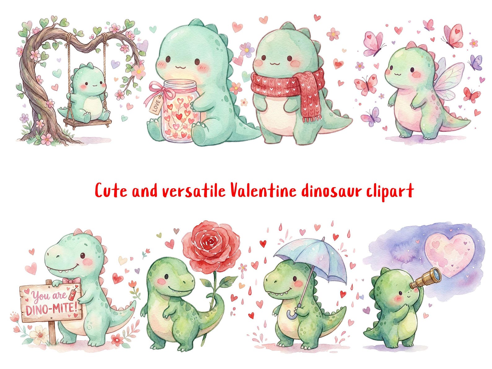 Watercolor Valentine Dinosaur Clipart – 40 PNG Graphics (digital ...