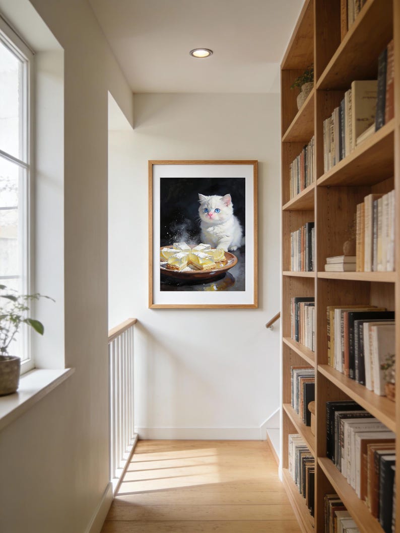 White Cat Oil Painting With Lemon Bars | Instant Download Printable ...