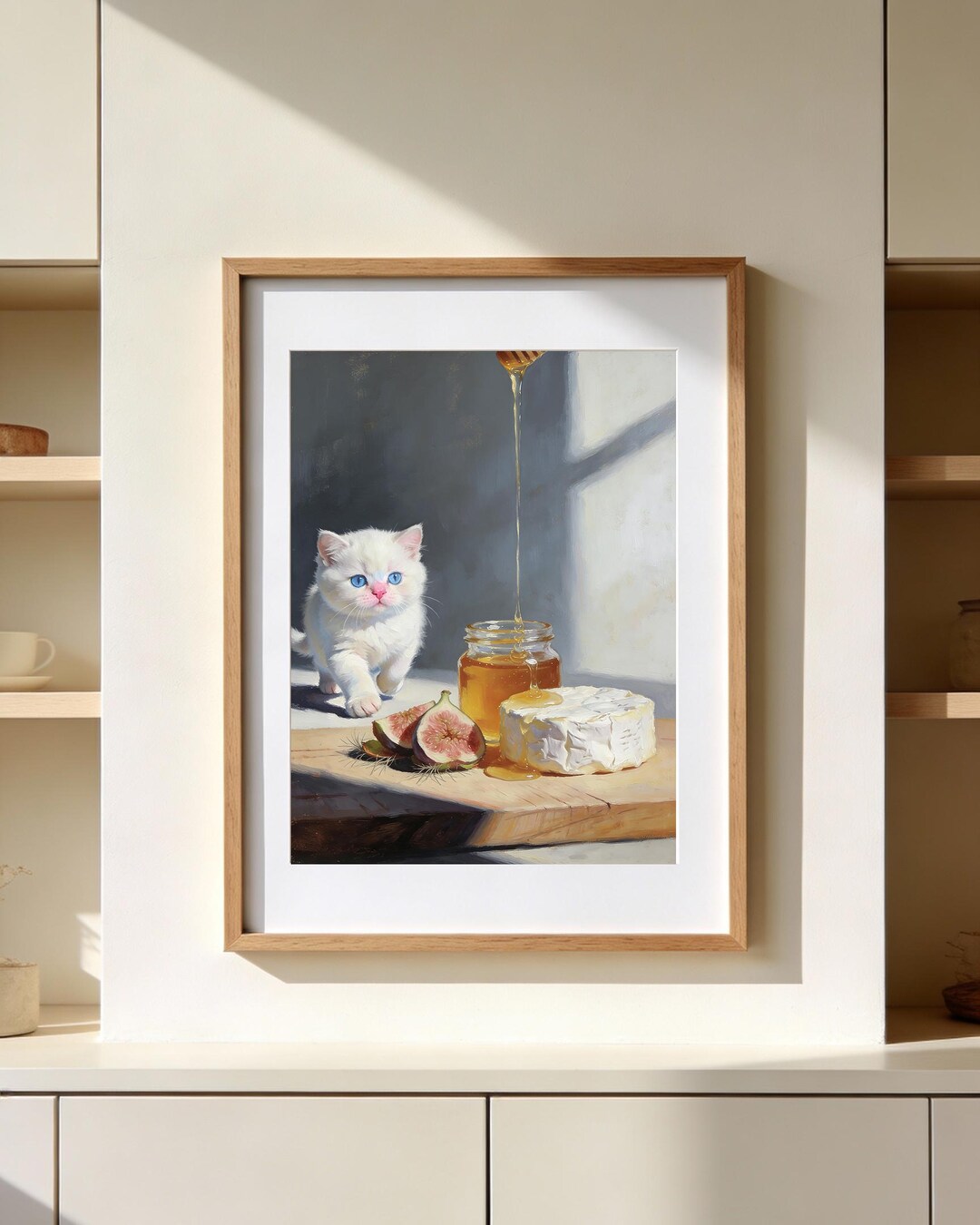 White Cat Oil Painting With Figs, Brie and Honey | Instant Download ...