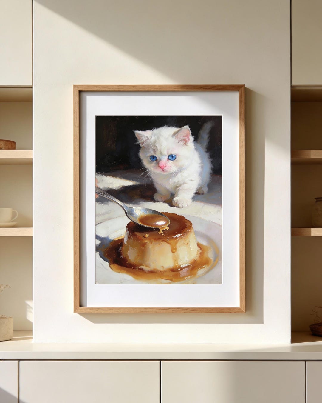 White Cat Oil Painting With Caramel Flan | Instant Download Printable ...