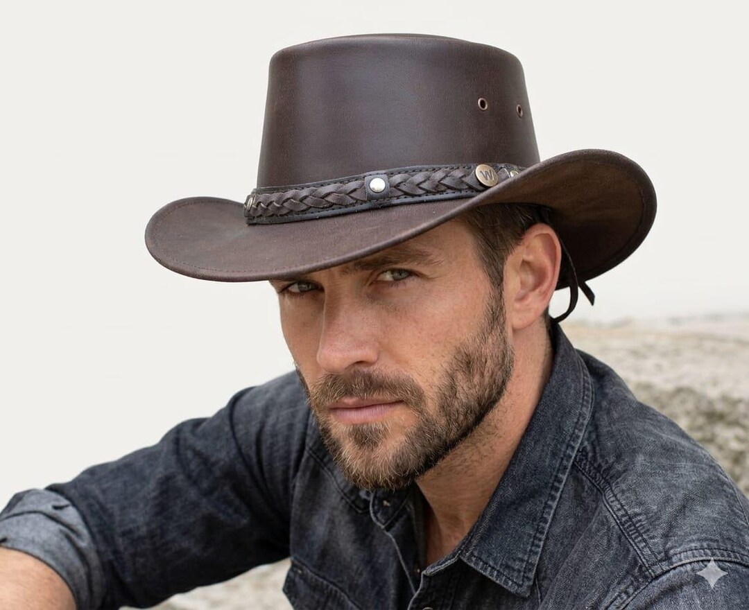 Leather Cowboy Hat – Brown Outback Hat With Wide Brim, UPF 50+ Sun ...