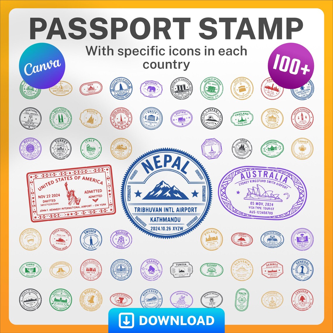100+ Passport Stamps Clipart, Travel Journal, Canva Element (PDF, SVG ...