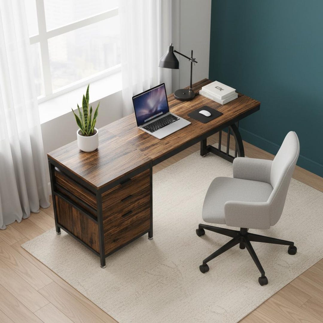 59-inch Industrial Computer Desk, Reversible Drawer Storage - Etsy