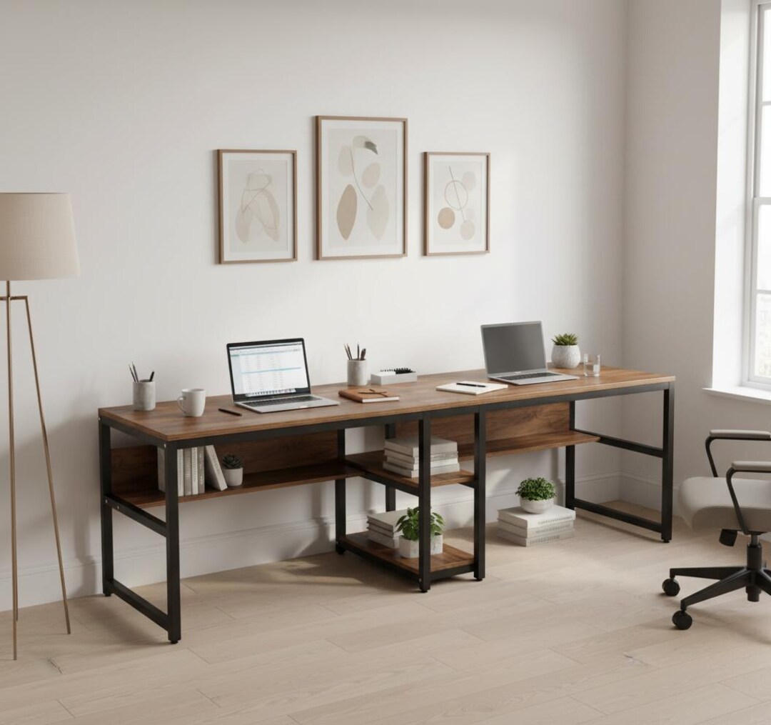 Rustic Extra-long Two Person Desk With Bookshelf – Shared Workstation ...