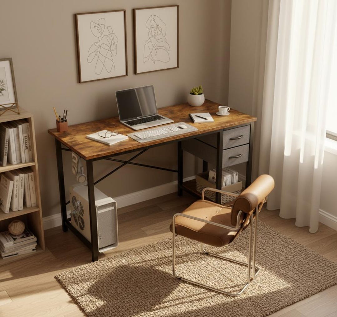 Modern Wood Computer Desk With Fabric Drawers • Home Office Work Table ...