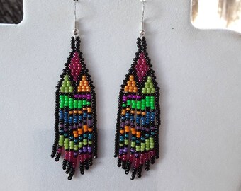 Native American Style Beaded Neon Geometric Earrings Seed | Etsy