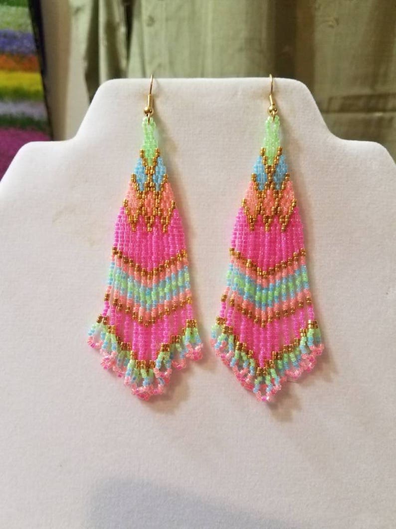 Native American Style Neon Cotton Candy & Gold Beaded Earrings - Etsy