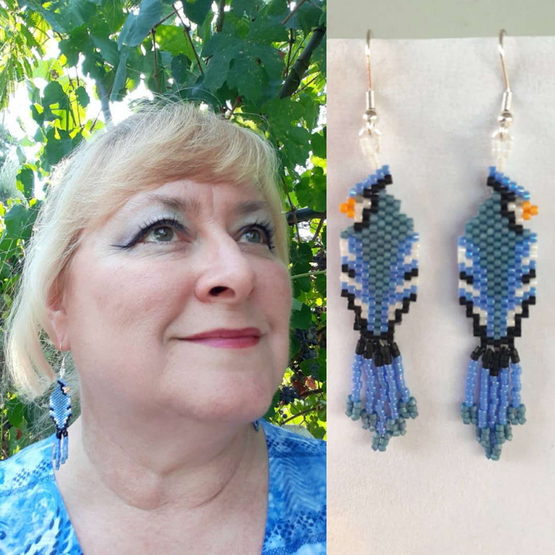 Native American Design Beaded Blue Jay Wild Life Bird Earrings ...