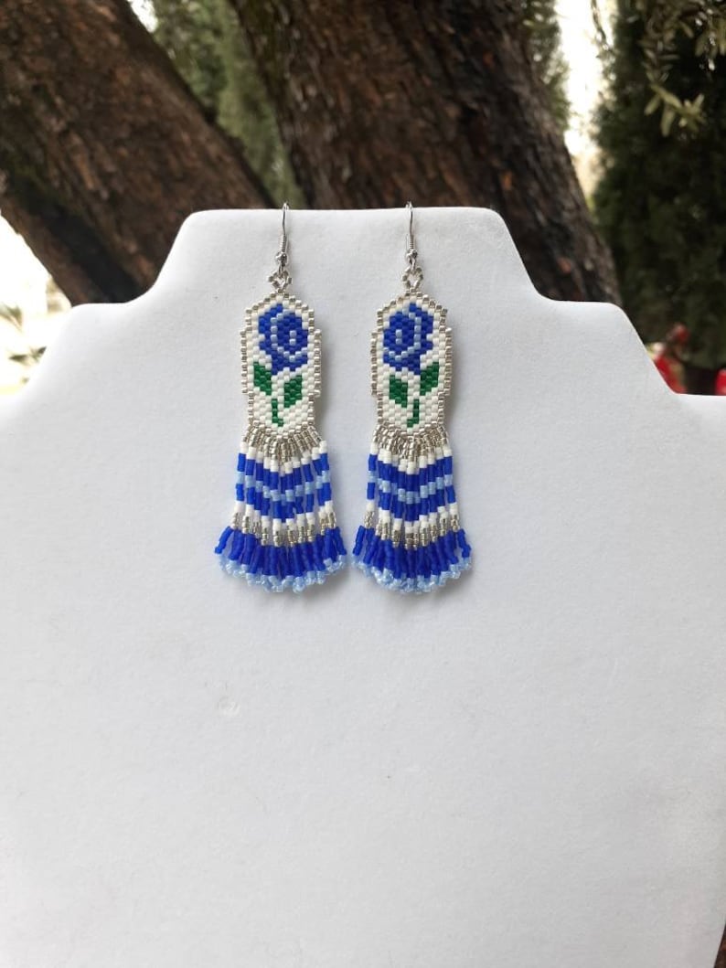 Native American Style Beaded Blue Rose Fringe Earrings Southwestern ...