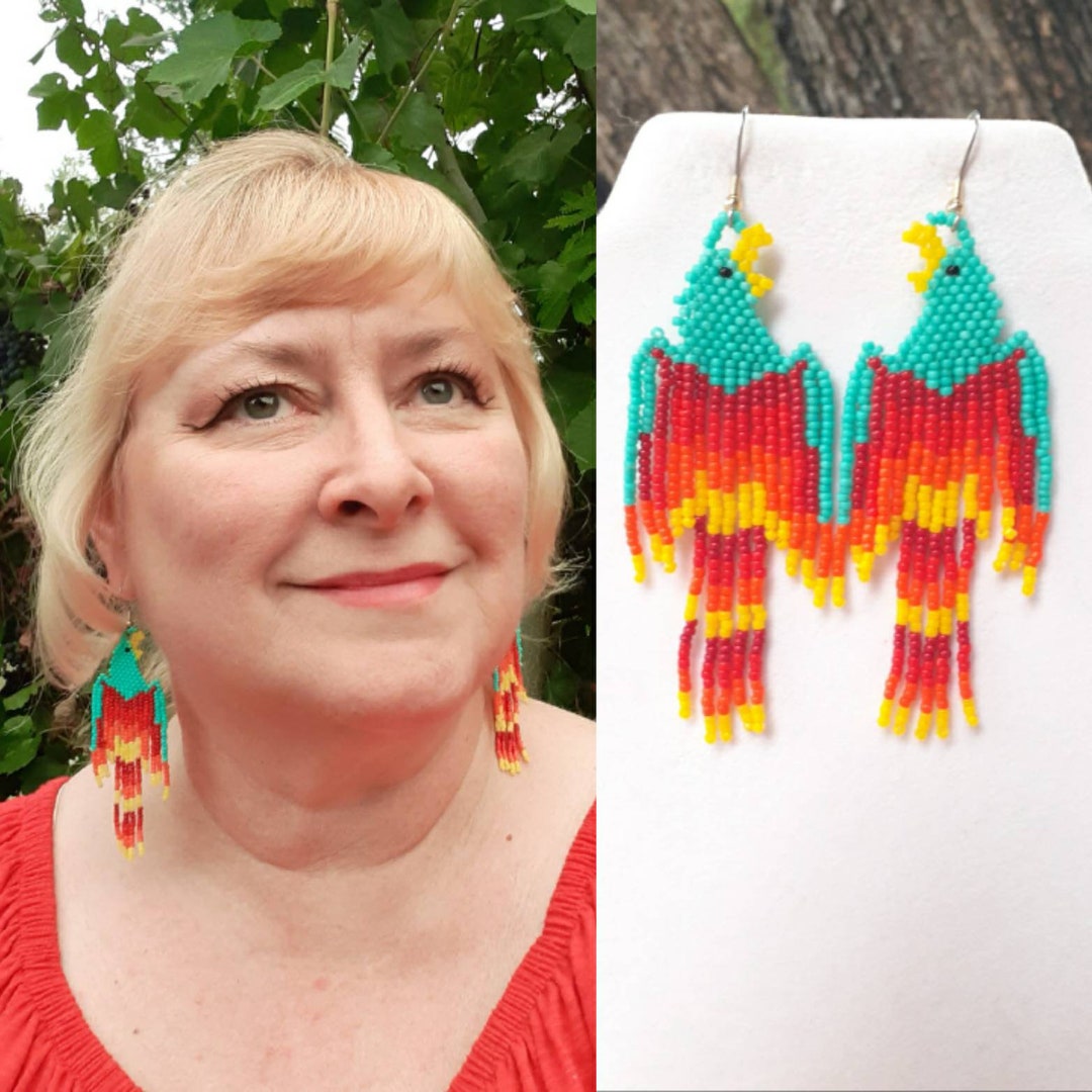 Native American Style Beaded Phoenix Earrings Turquoise Red - Etsy