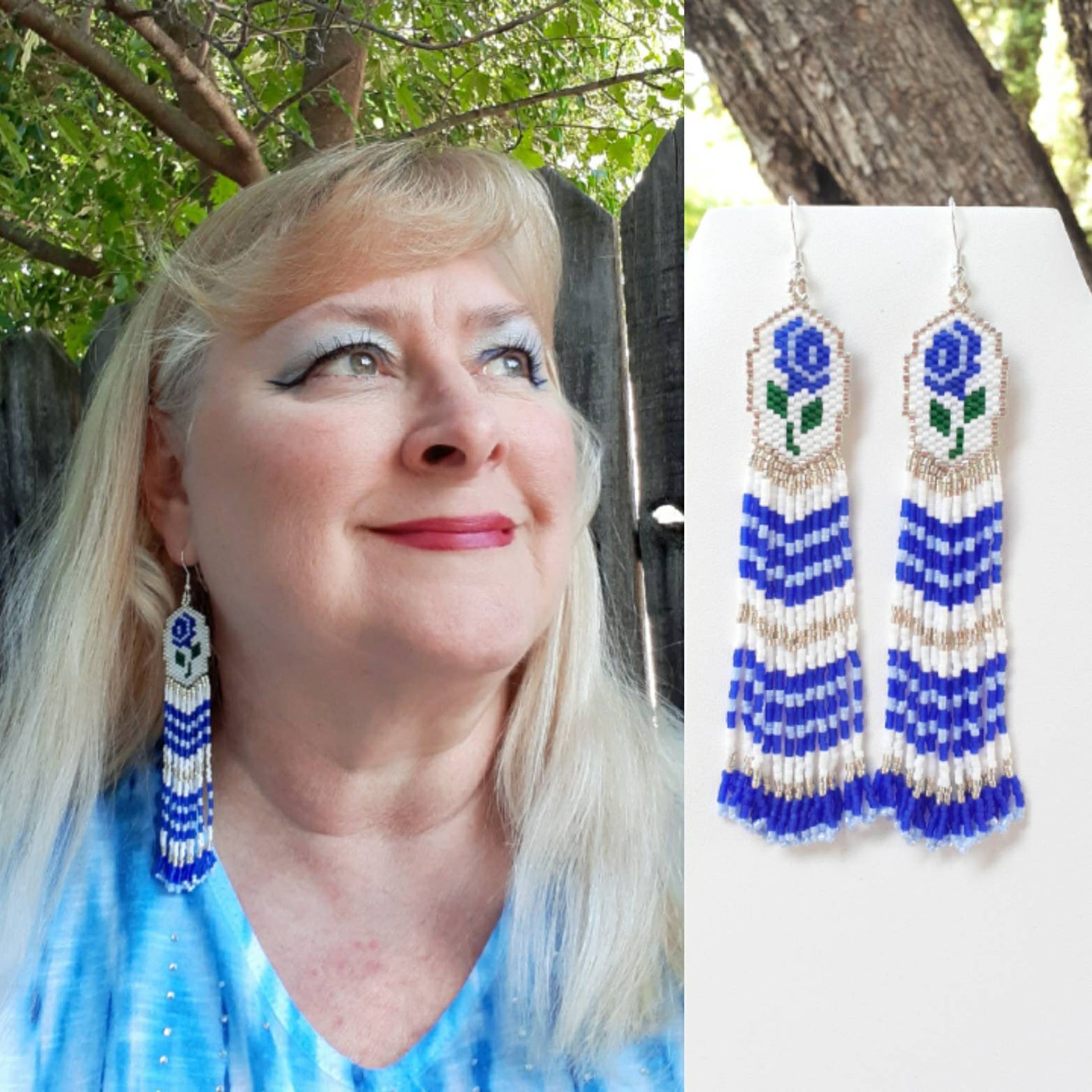 Native American Style Beaded Blue Rose Long Fringe Earrings - Etsy