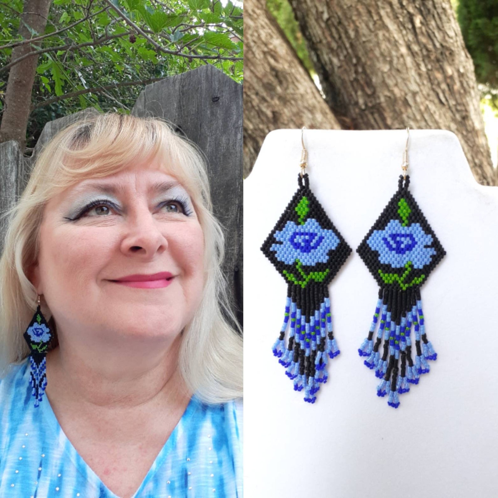 New Native American Style Beaded Blue Rose Earrings - Etsy