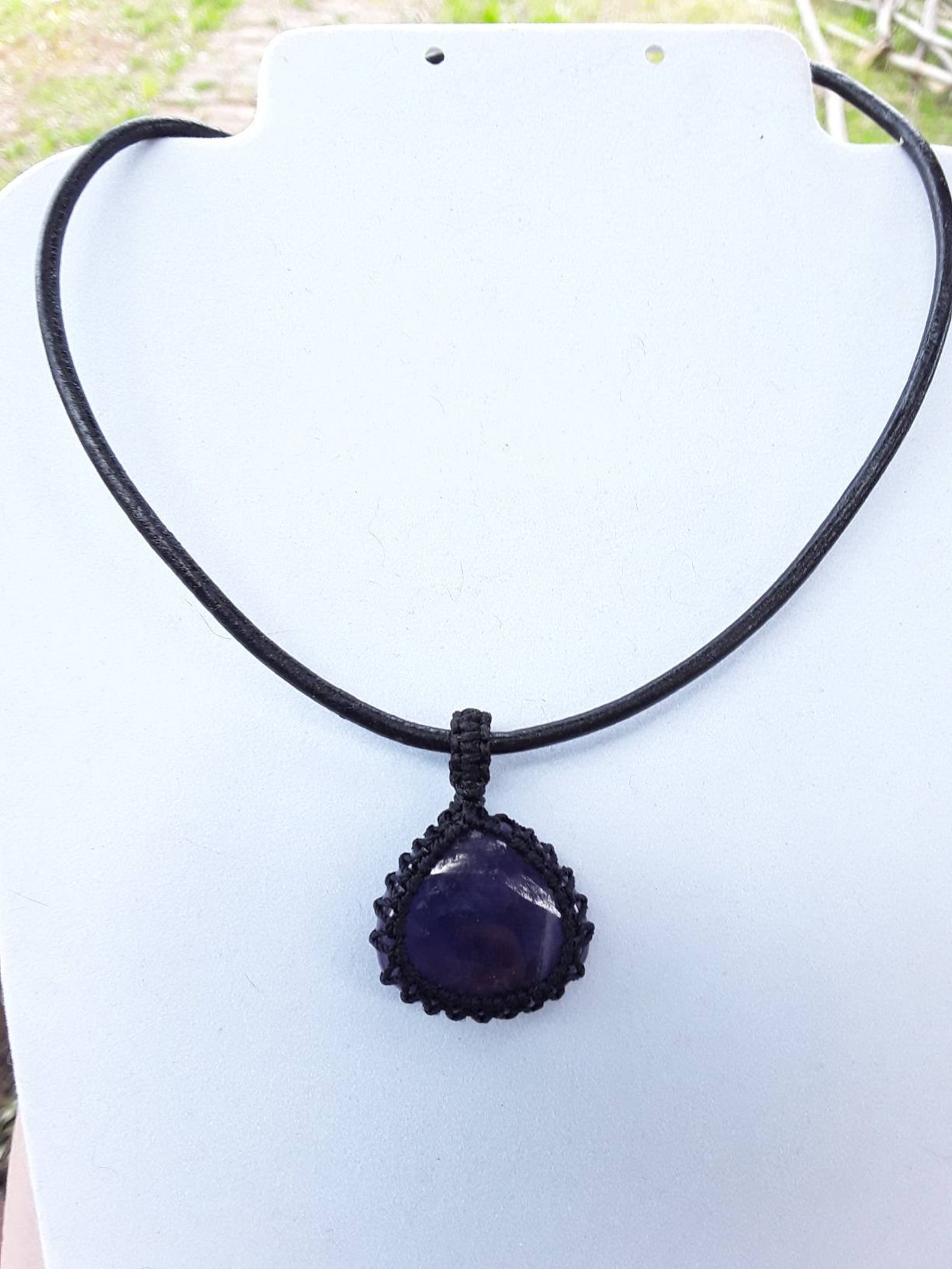 Amethyst Macrame Stone Pendant Statement Necklace on Leather - Etsy