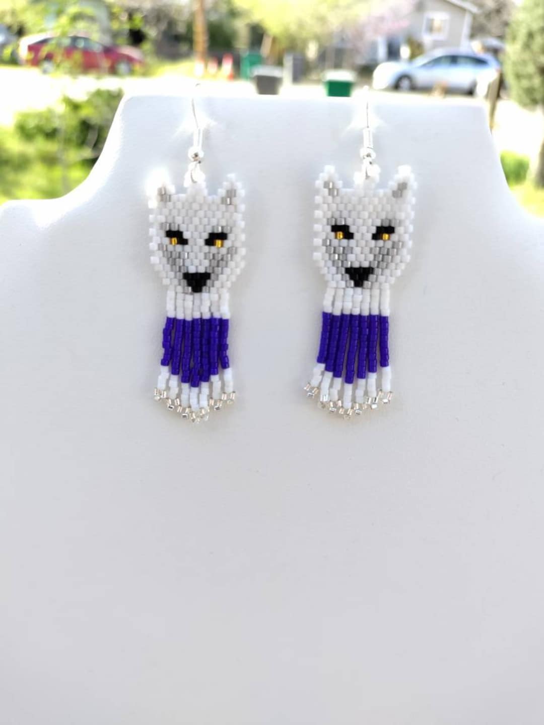 Native American Style Beaded White and Blue Wolf Earrings Reno Wolfpack ...