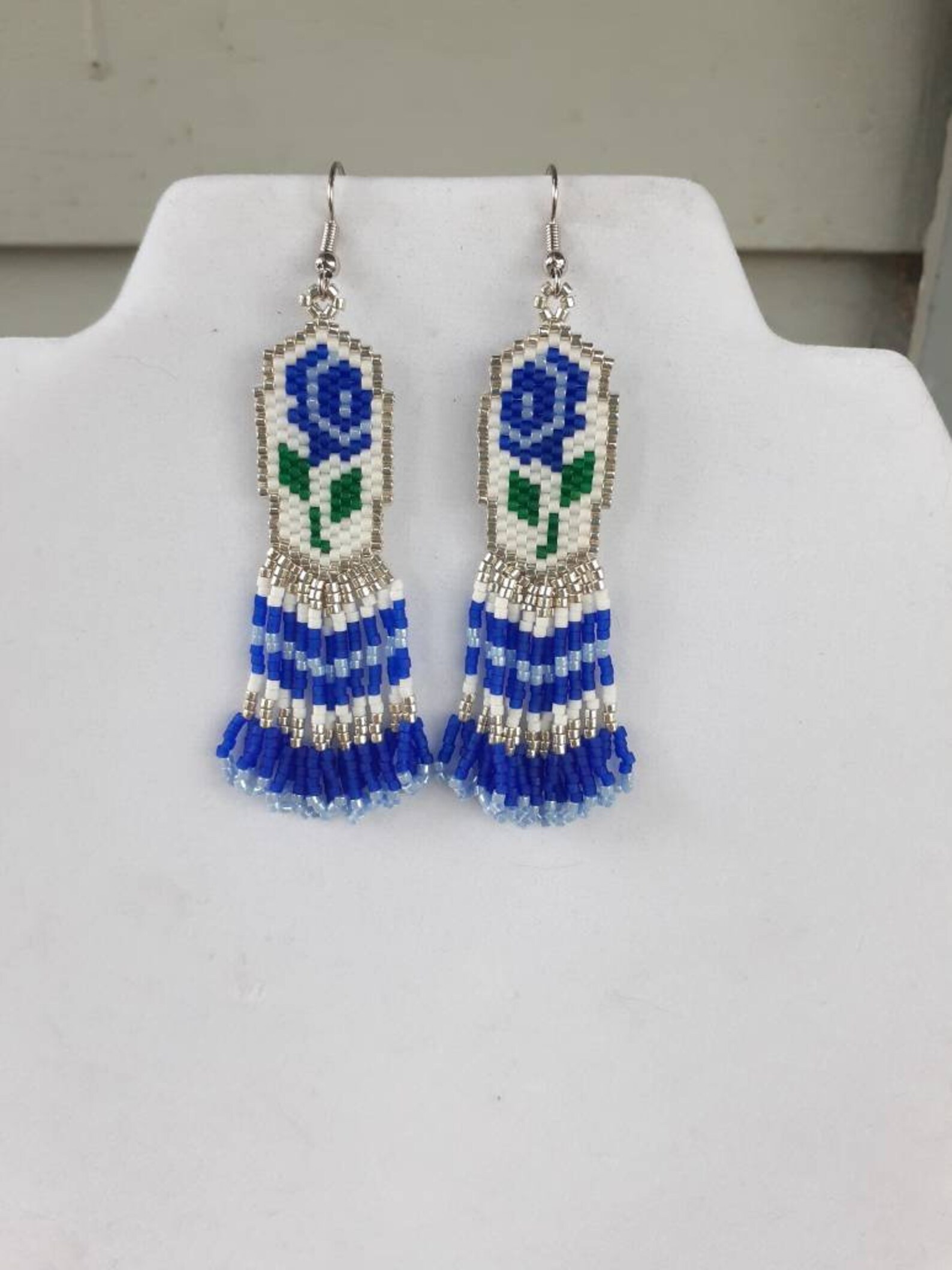 Native American Style Beaded Blue Rose Fringe Earrings Southwestern ...