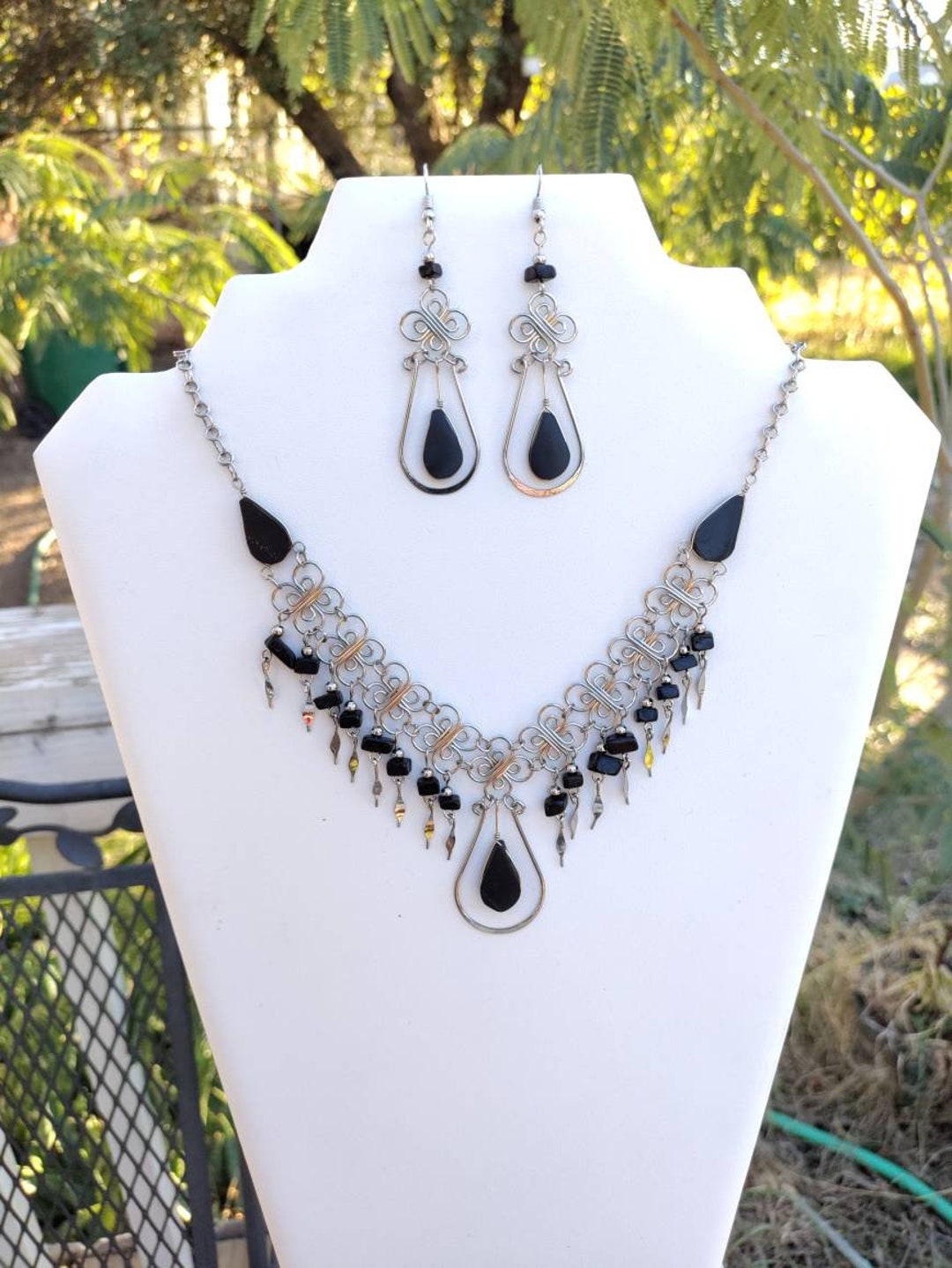 Metal Peruvian Onyx Stone Statement Necklace and Earrings Set ...