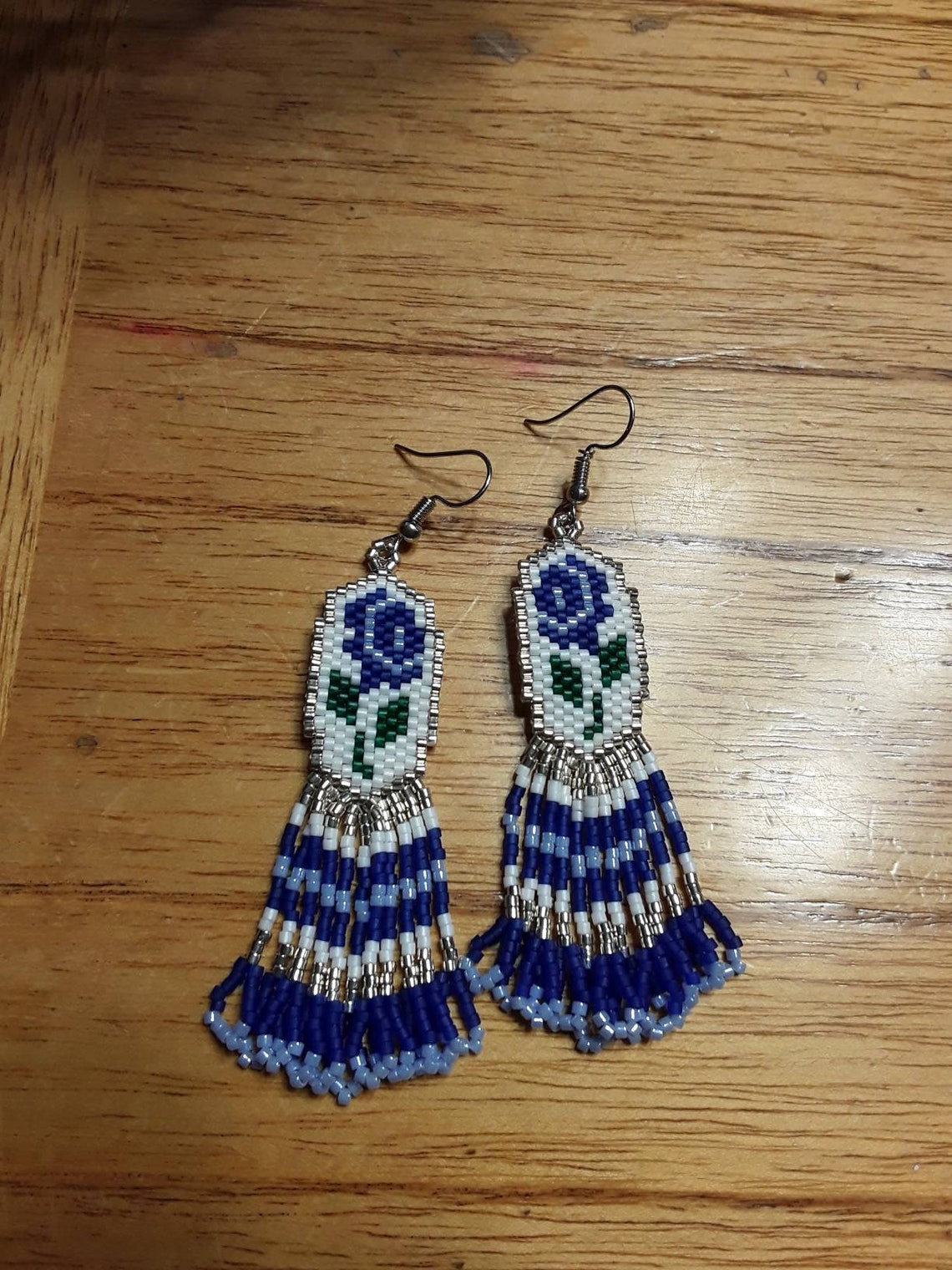 Native American Style beaded Blue Rose Fringe Earrings | Etsy