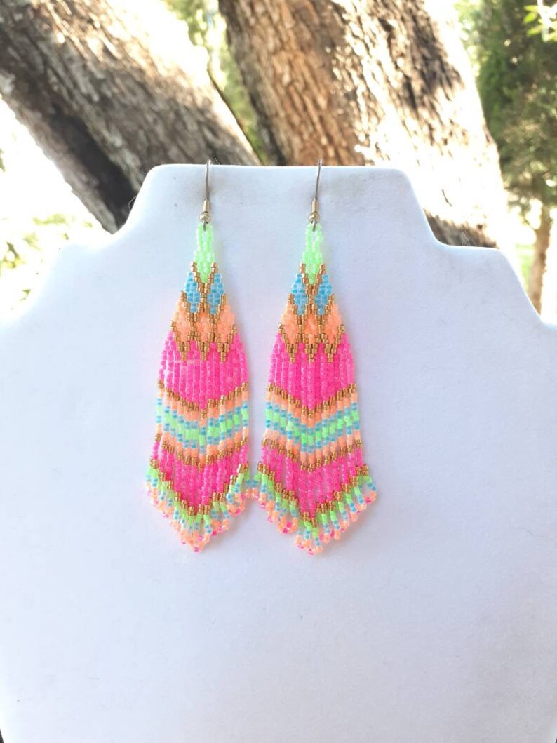 Native American Style Neon Cotton Candy & Gold Beaded Earrings - Etsy