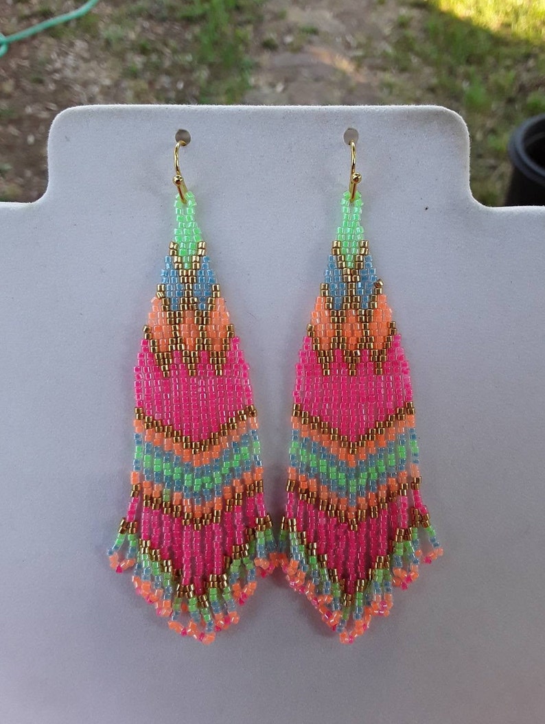 Native American Style Neon Cotton Candy & Gold Beaded Earrings | Etsy