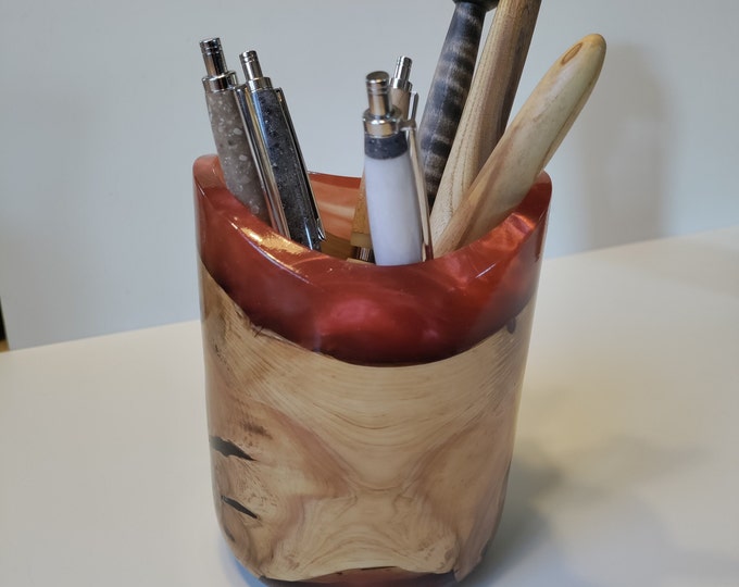 Juniper and Red Resin Lathe Turned Wood, Keepsake Bowl, Pencil Holder ...