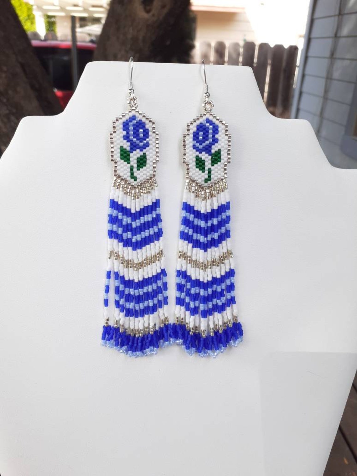 Native American Style Beaded Blue Rose Long Fringe Earrings - Etsy