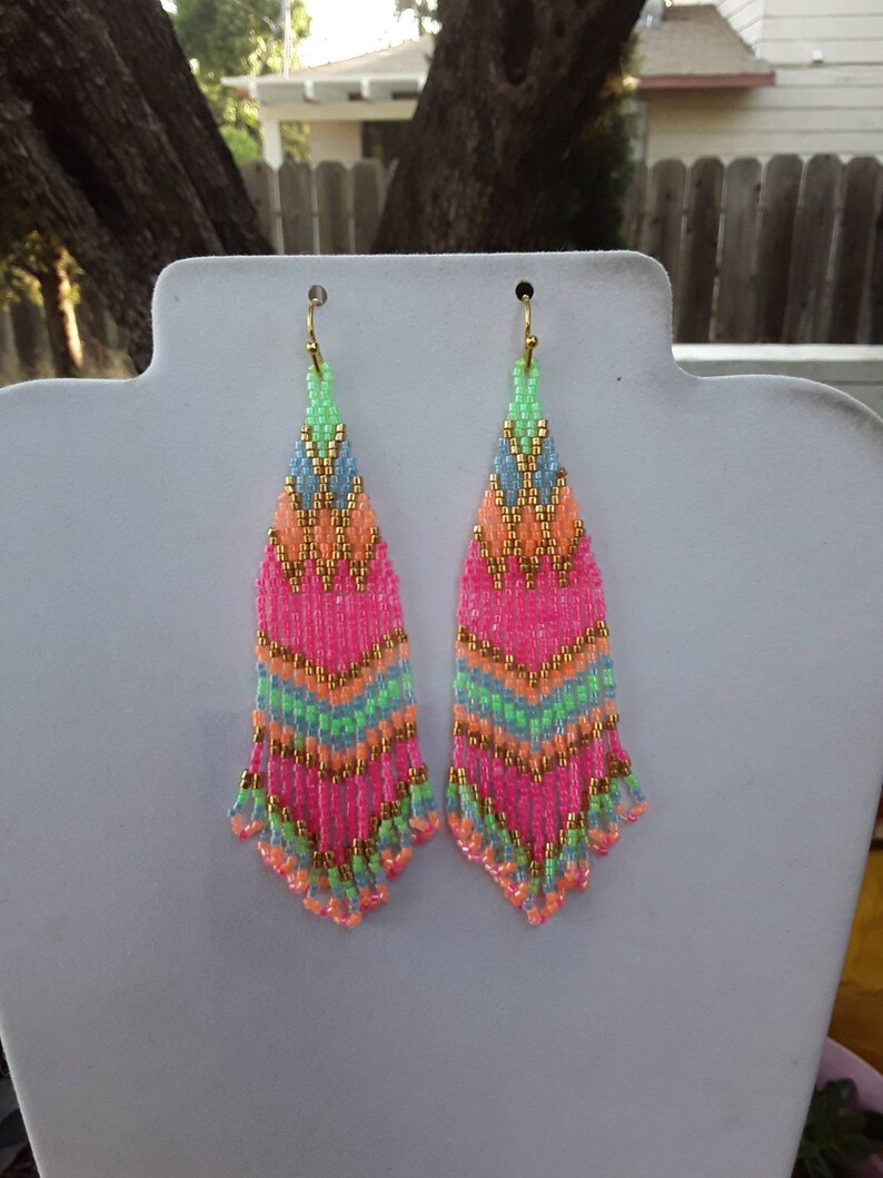 Native American Style Neon Cotton Candy & Gold Beaded Earrings | Etsy
