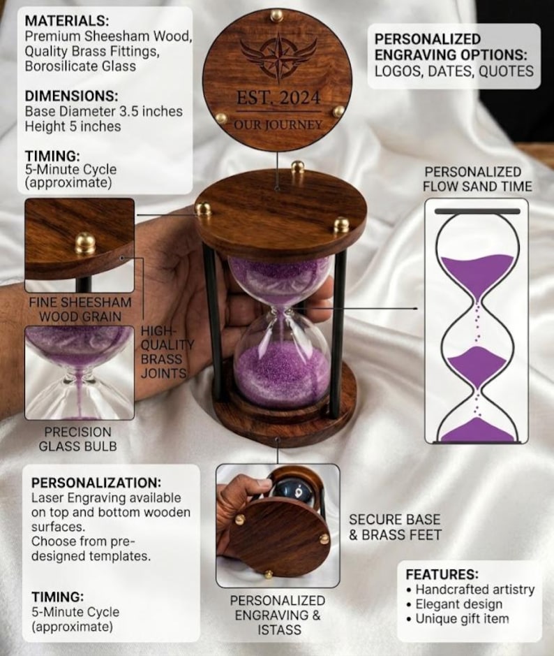 Custom Engraved Wooden Hourglass - Handcrafted Sheesham Sand Timer With ...