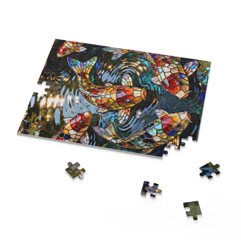 Stained Glass Koi Fish Puzzle Japanese Art Mosaic Elegant Wave Design ...
