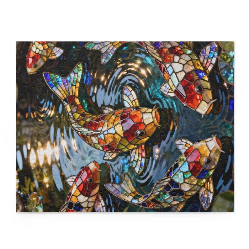 Stained Glass Koi Fish Puzzle Japanese Art Mosaic Elegant Wave Design ...