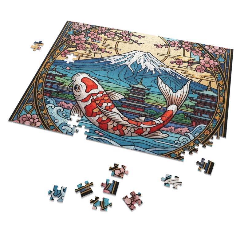 Koi Fish Mount Fuji Puzzle Jigsaw with Tin | Cherry Blossom Japanese ...